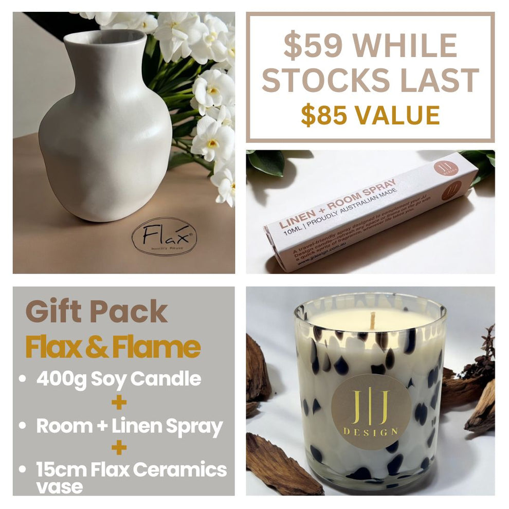Flax & Flame Set Gift Pack - Hand Poured Candle, Room Spray & Ceramic ...